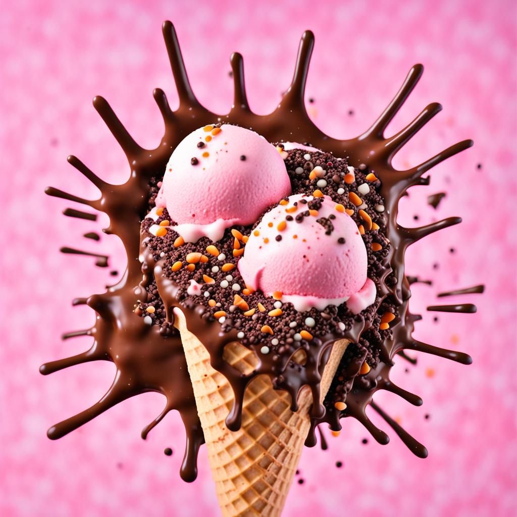 Foodcore, food art, liquid ice-cream implosion, chocolate sprinkles ...