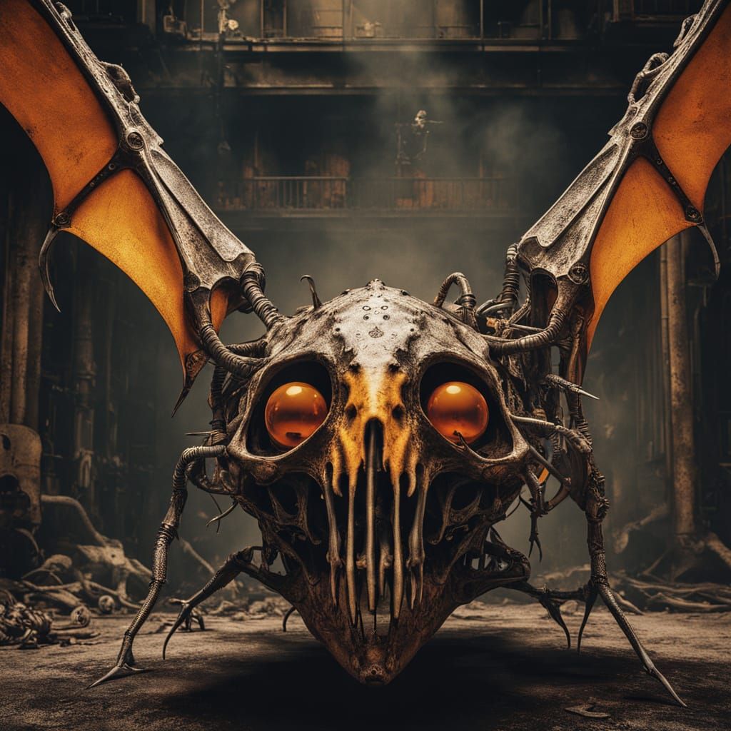 Steampunk Pteranodon Skull in Flight, Chrome and A... - AI Art