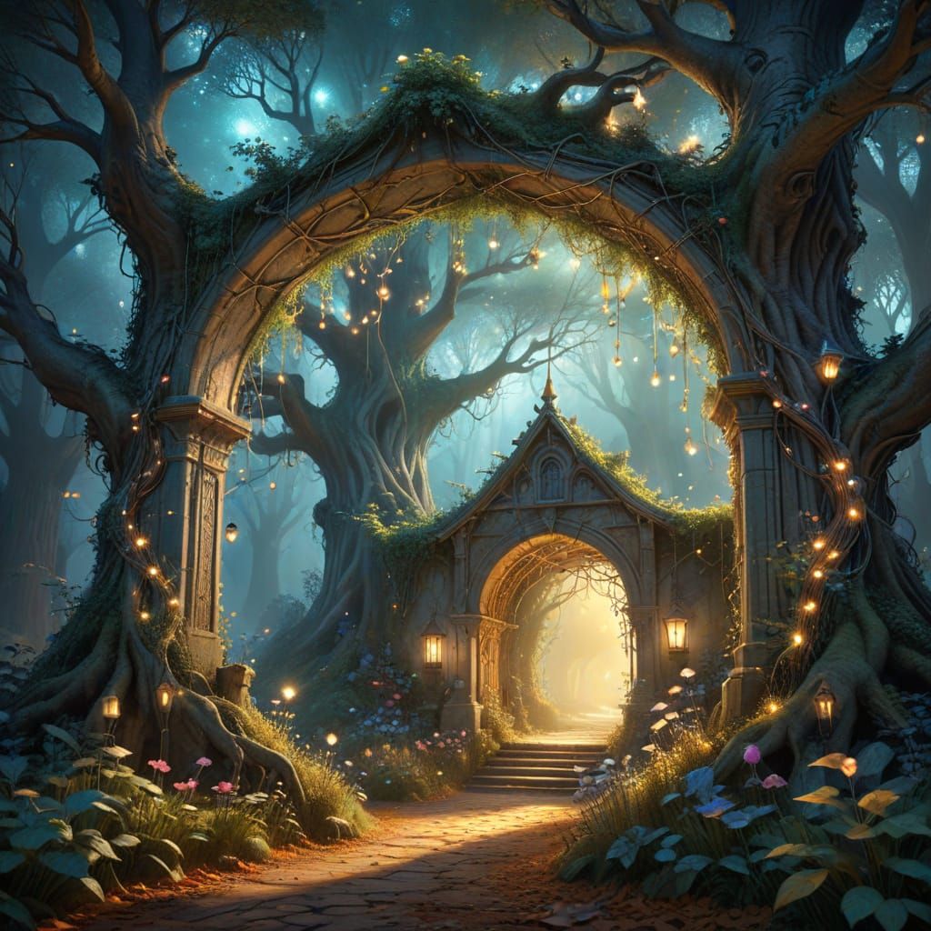 Ethereal Archway in Vibrant Fantasy City - AI Art