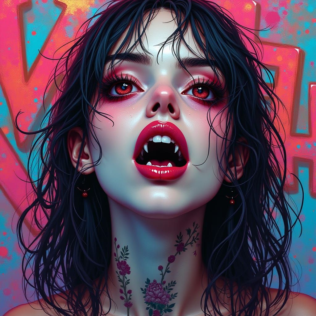 Vibrant Vampire Goddess in Neon Graffiti Art - AI Art