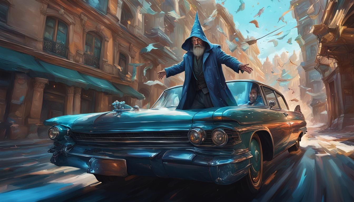 a wizard flying in front of a car and looking into the car and the ...