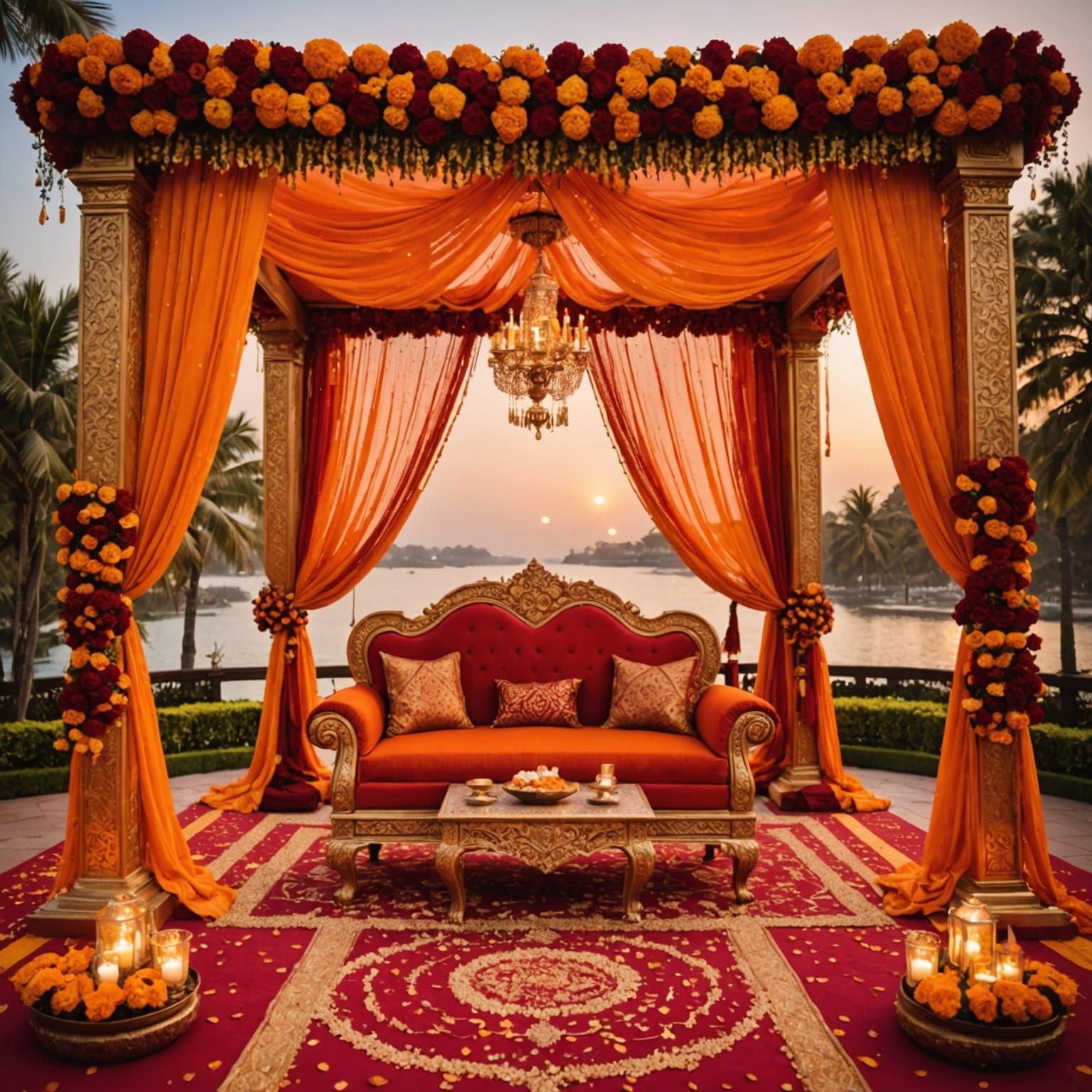 Indian Wedding Mandap at Sunset with Vibrant Orang... - AI Art