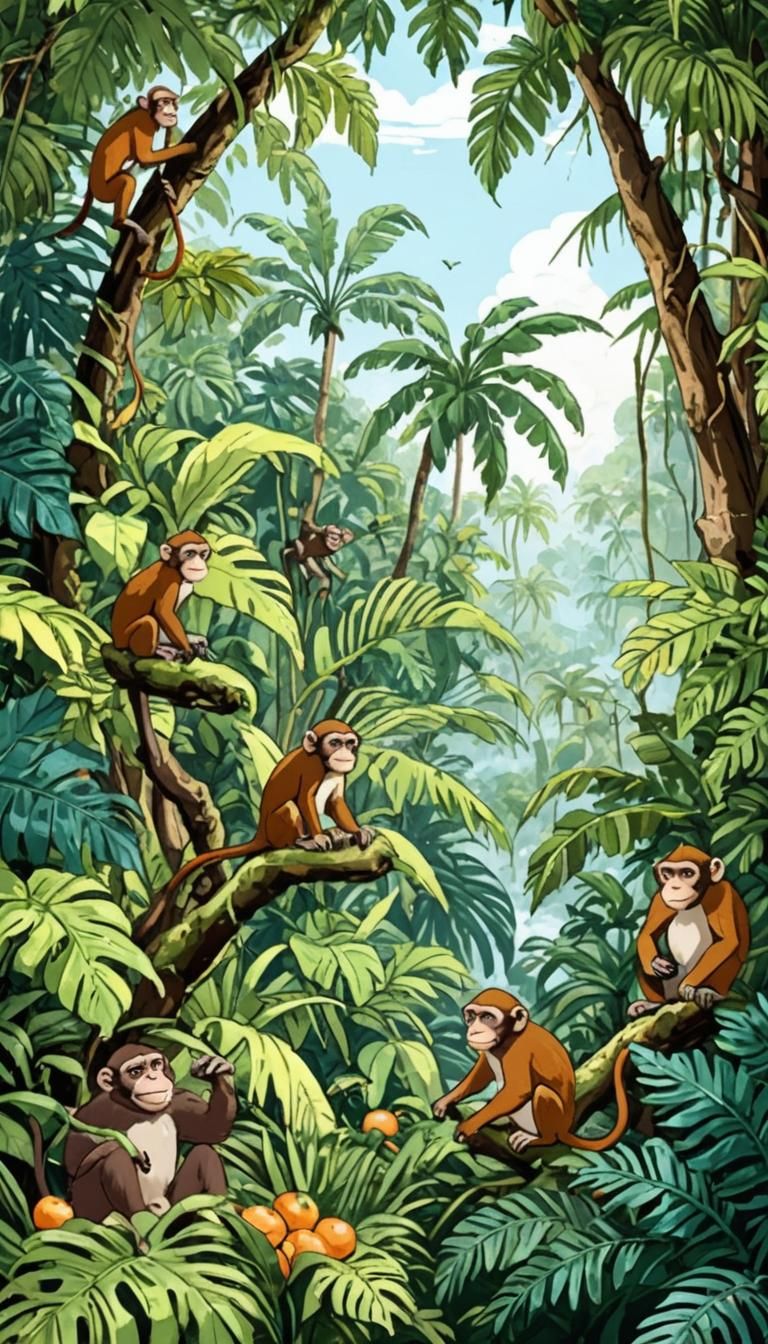 A Jungle Scene With Monkeys Swinging From Branches. - AI Generated ...