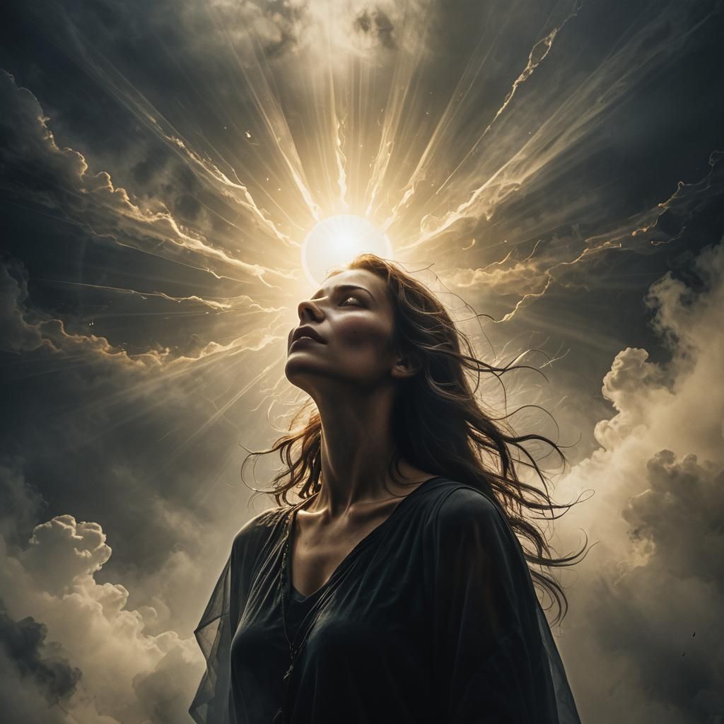 woman sun, devouring darkness, rays and luminous fog surround the ...