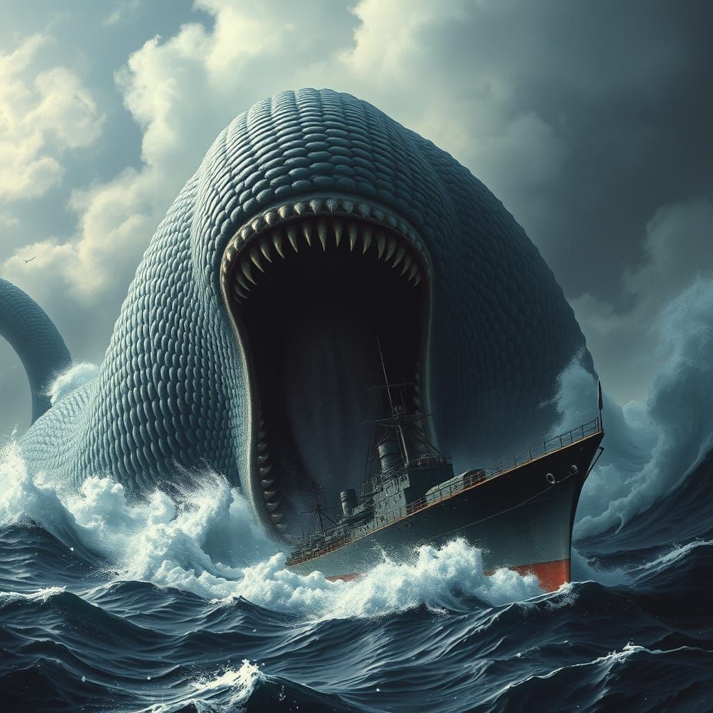 Leviathan Devours Warship in Dark Gothic Horror - AI Art