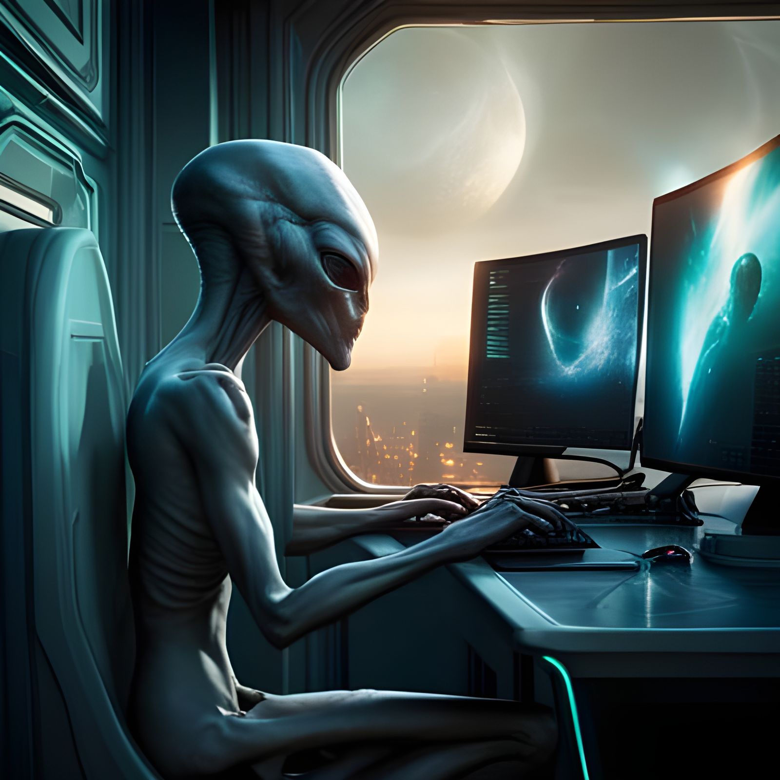 Alien sitting at a computer detailed matte painting, deep color ...