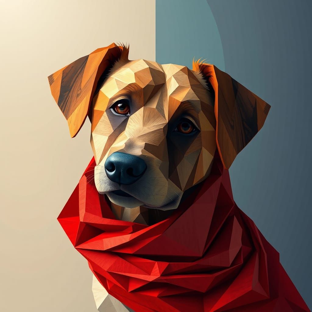 The dog in red - Dog in Vibrant Red, Blending Cubist and Art...