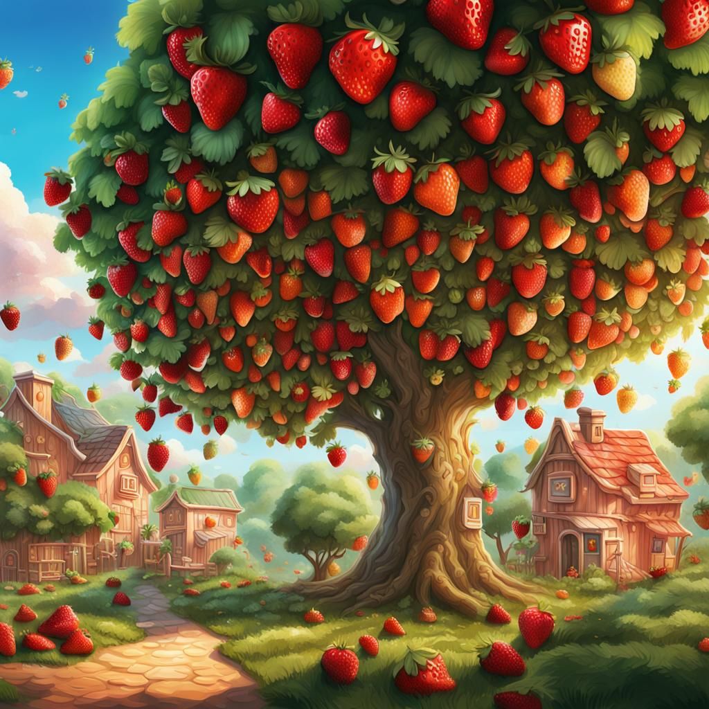 A strawberry shortcake village, strawberry trees. High resolution. - AI ...