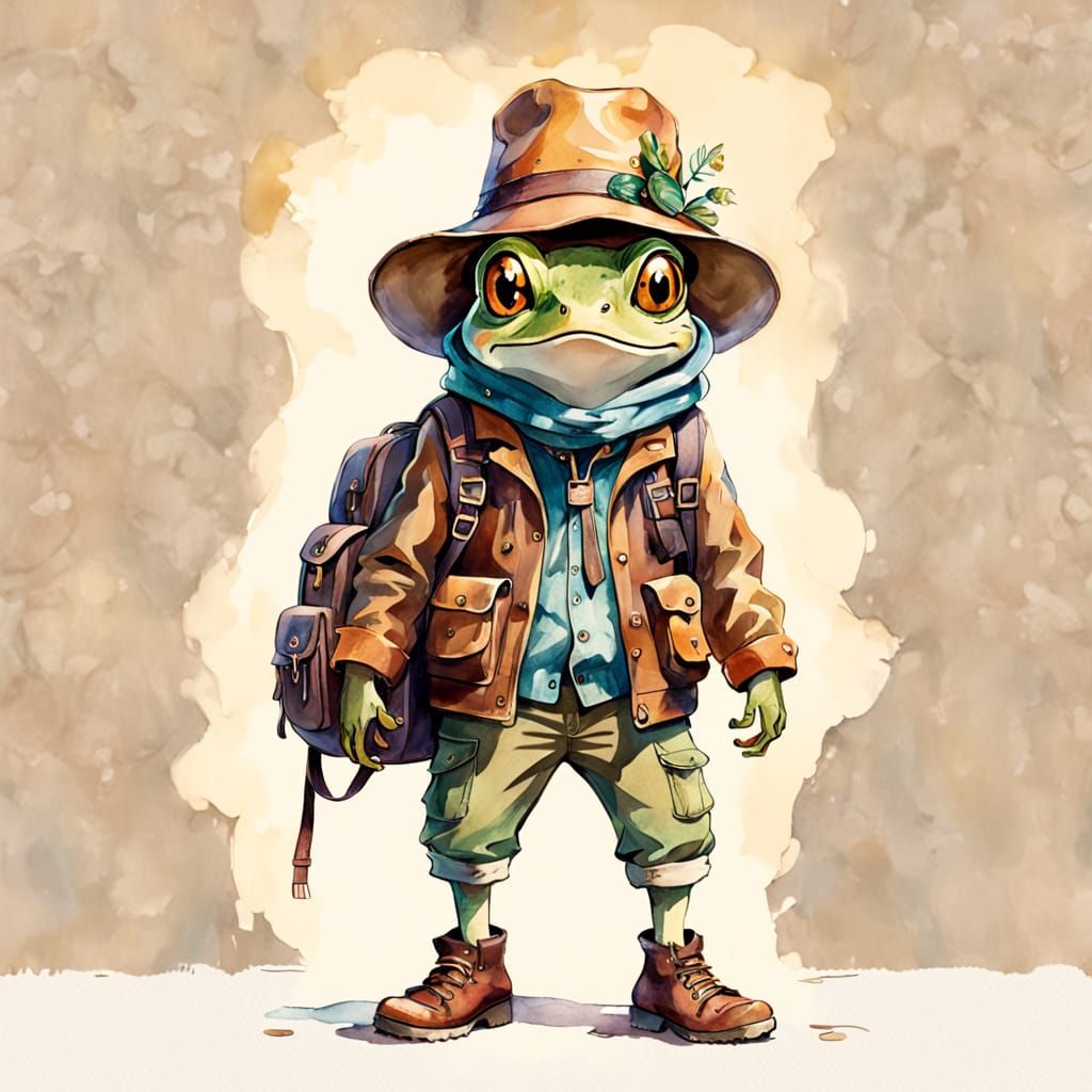 Frog Cub Adventurer in Earthy Tones - AI Art