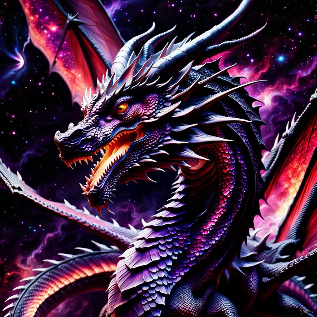 Galactic dragon::Red purple black dragon emerging from a wormhole in ...