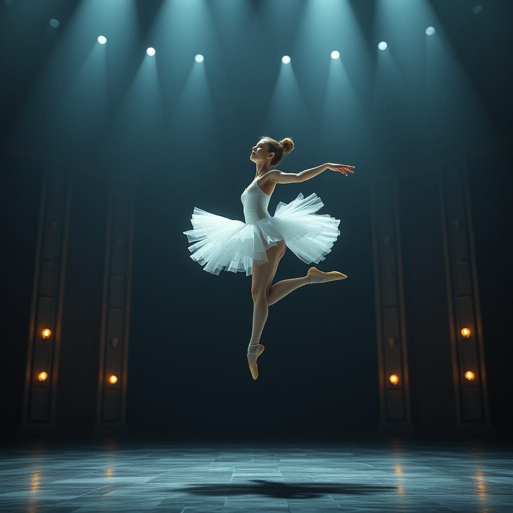 Ethereal Ballerina Leaps Across Grand Stage in Whi... - AI Art