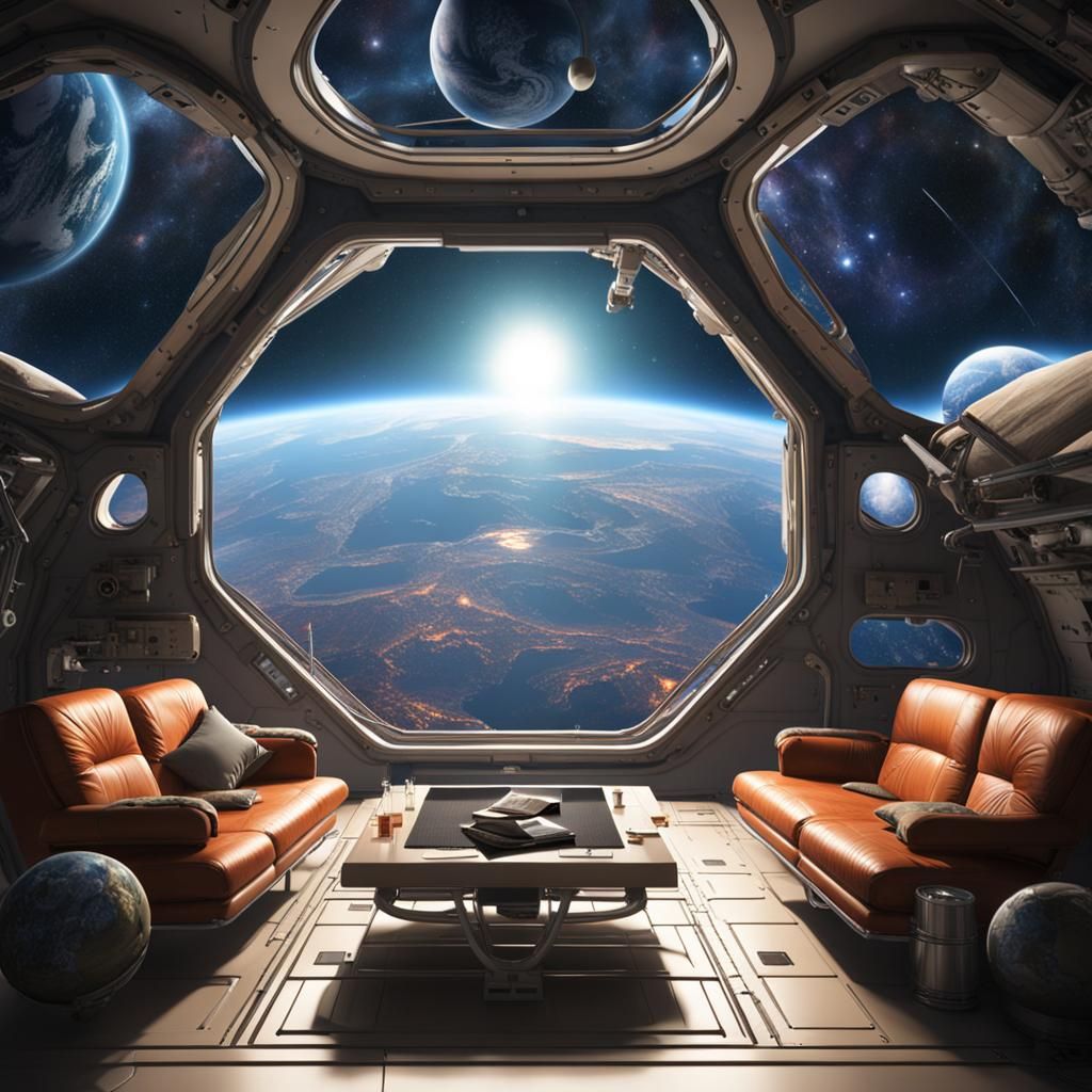 Living room on a Space Station orbiting An Alien Planet Sun Roof ...