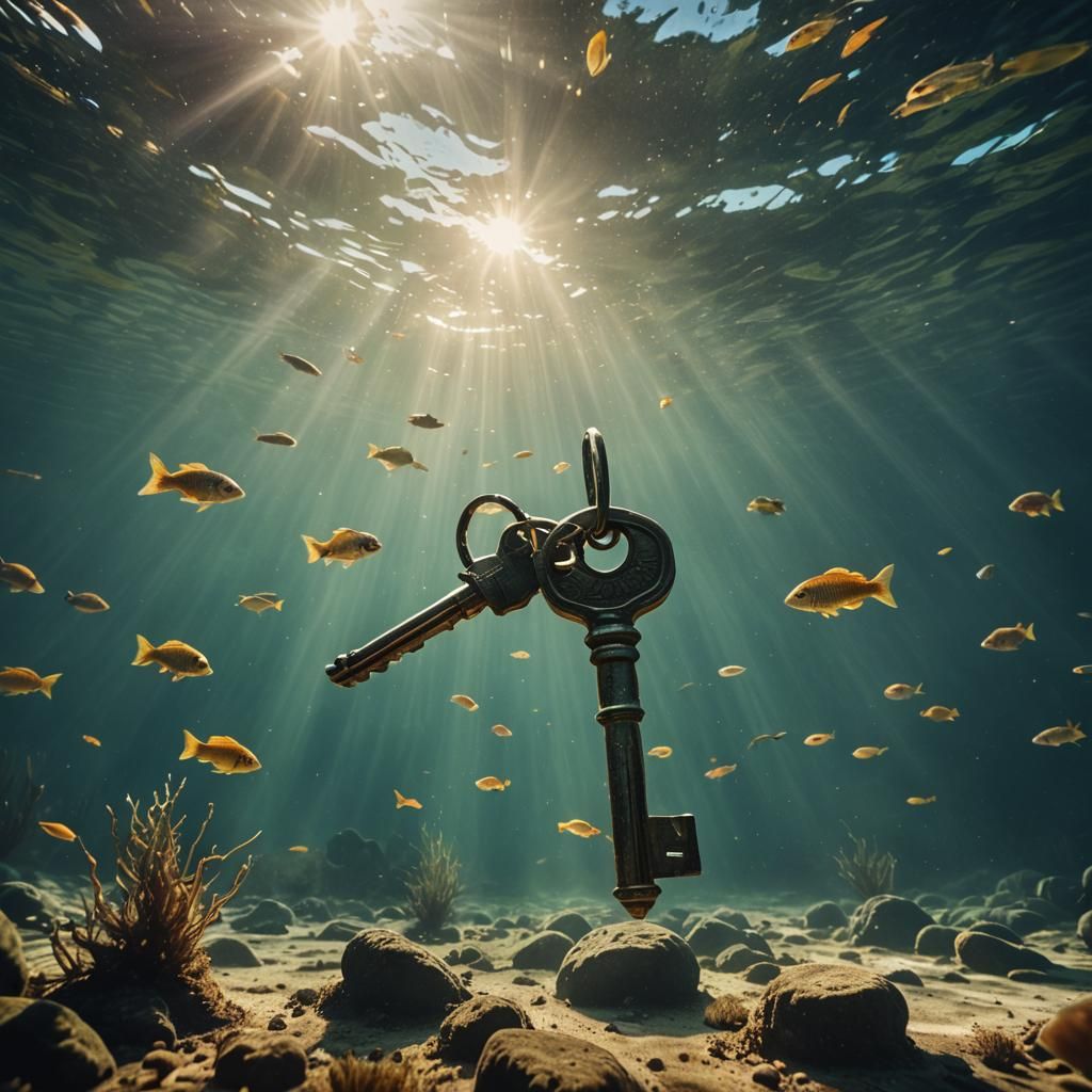 A key underwater at the bottom of a lake with sun glare surrounded by ...