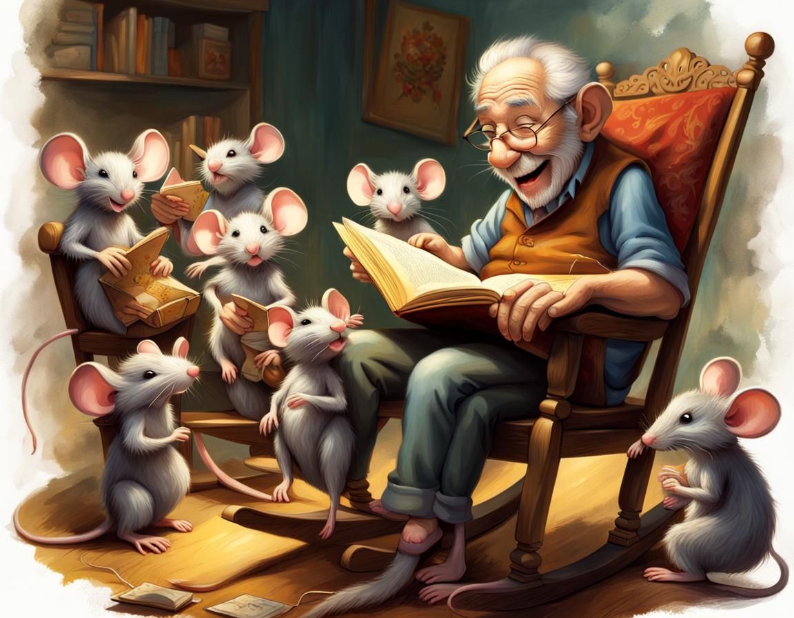 a wise grandpa mouse comfortably seated in a rocking chair, surrounded ...