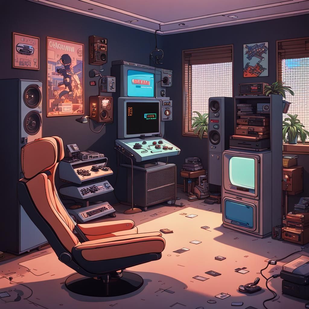 A retro-inspired cartoonish gaming room filled with classic game ...