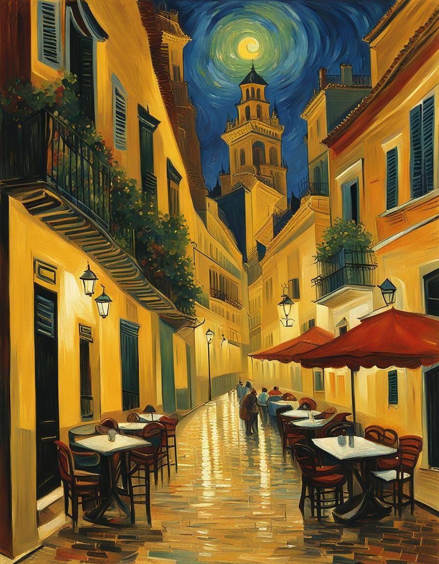 Narrow city streets of Seville at night - AI Generated Artwork ...