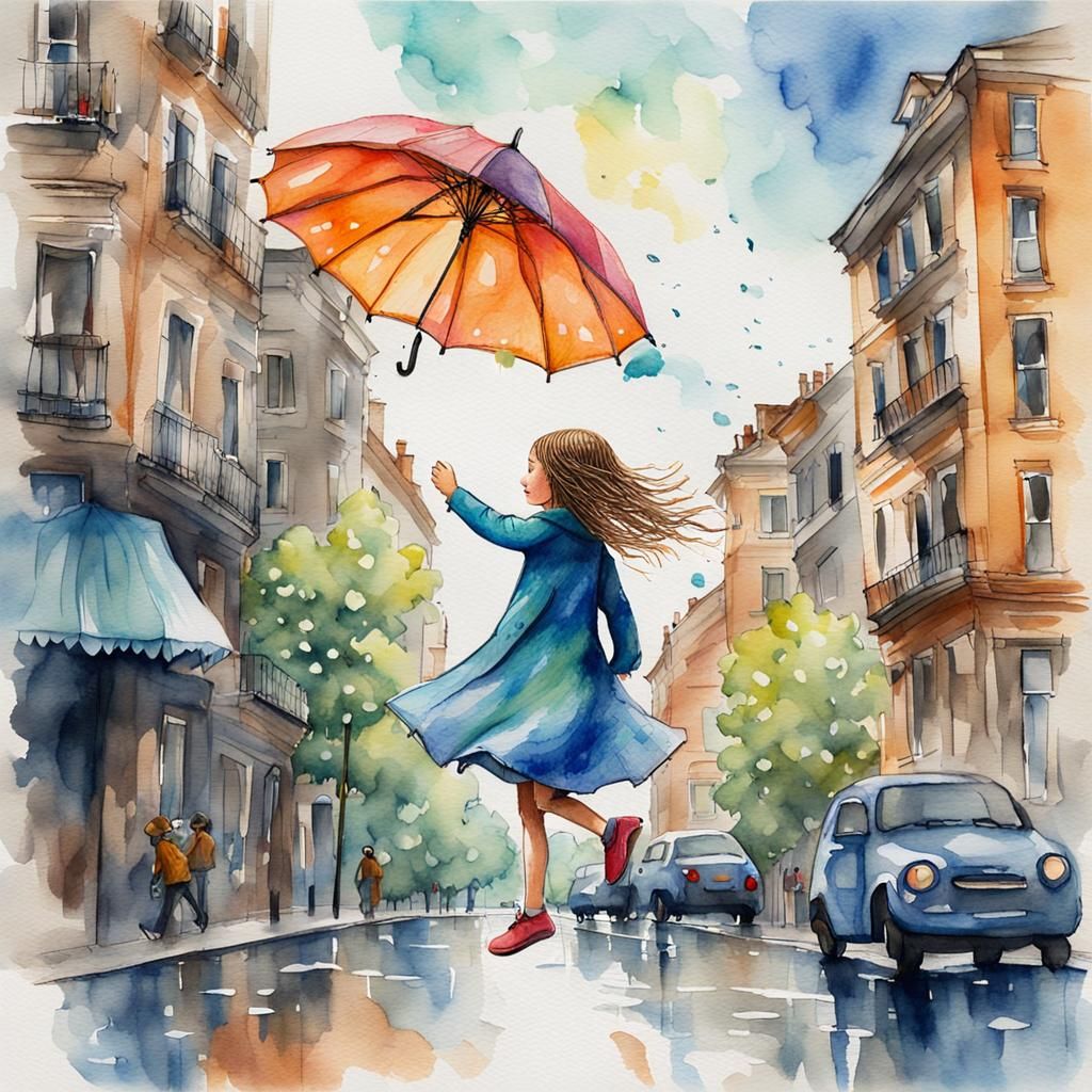 flying umbrella, watercolor and ink, rough shard figurine, side view ...