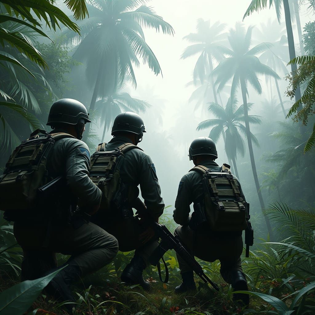 Soldiers in a Foreboding Jungle Ambush - AI Art