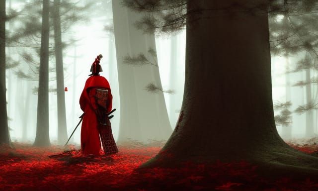Samurai cloaked in red with swords standing in a red maple forest with ...