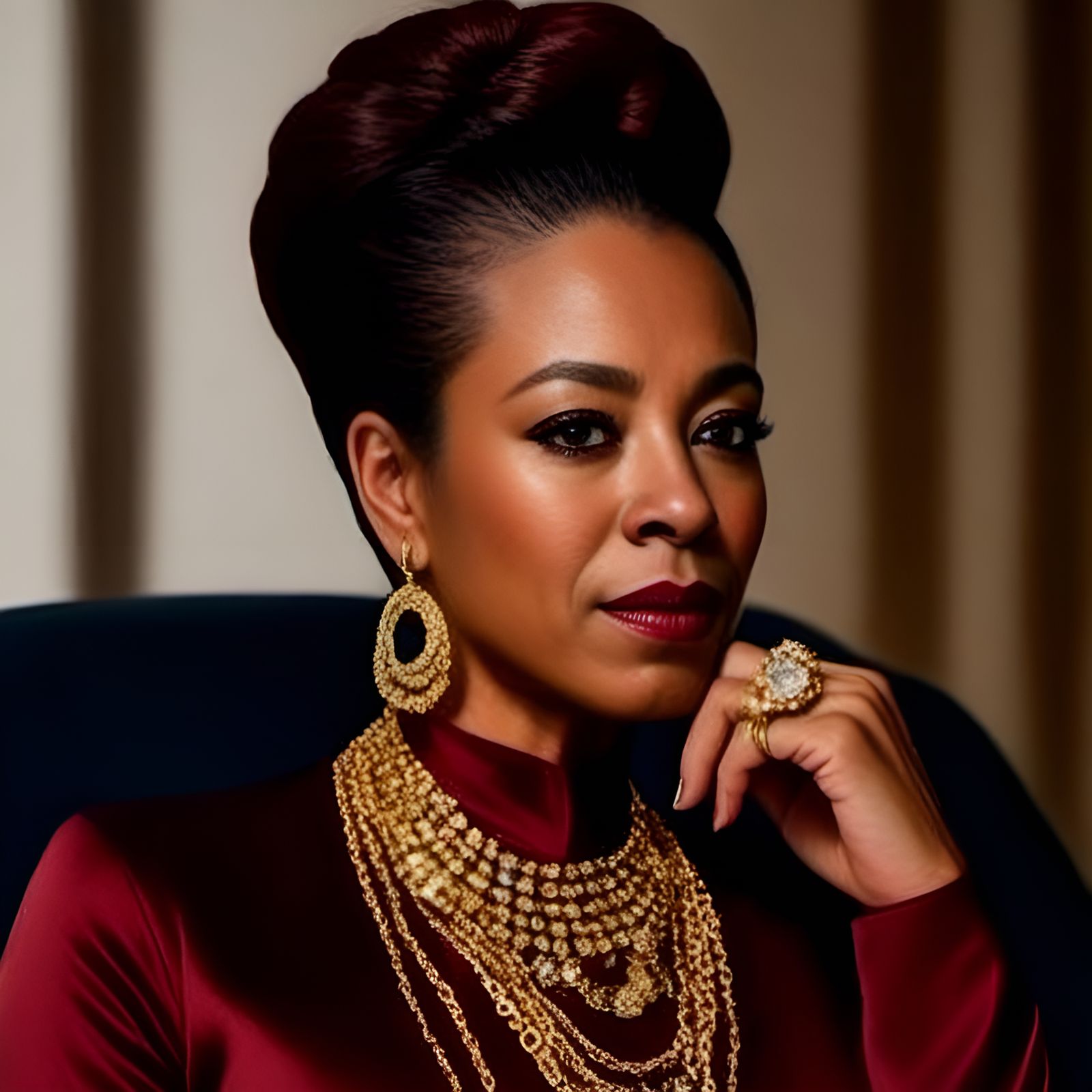 Glamourous Beautiful Billionaire, intricately detailed silk garments with gold adornments ...