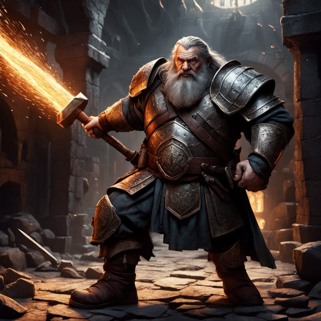 Dwarf Warrior Forges in Ancient Forge - AI Art