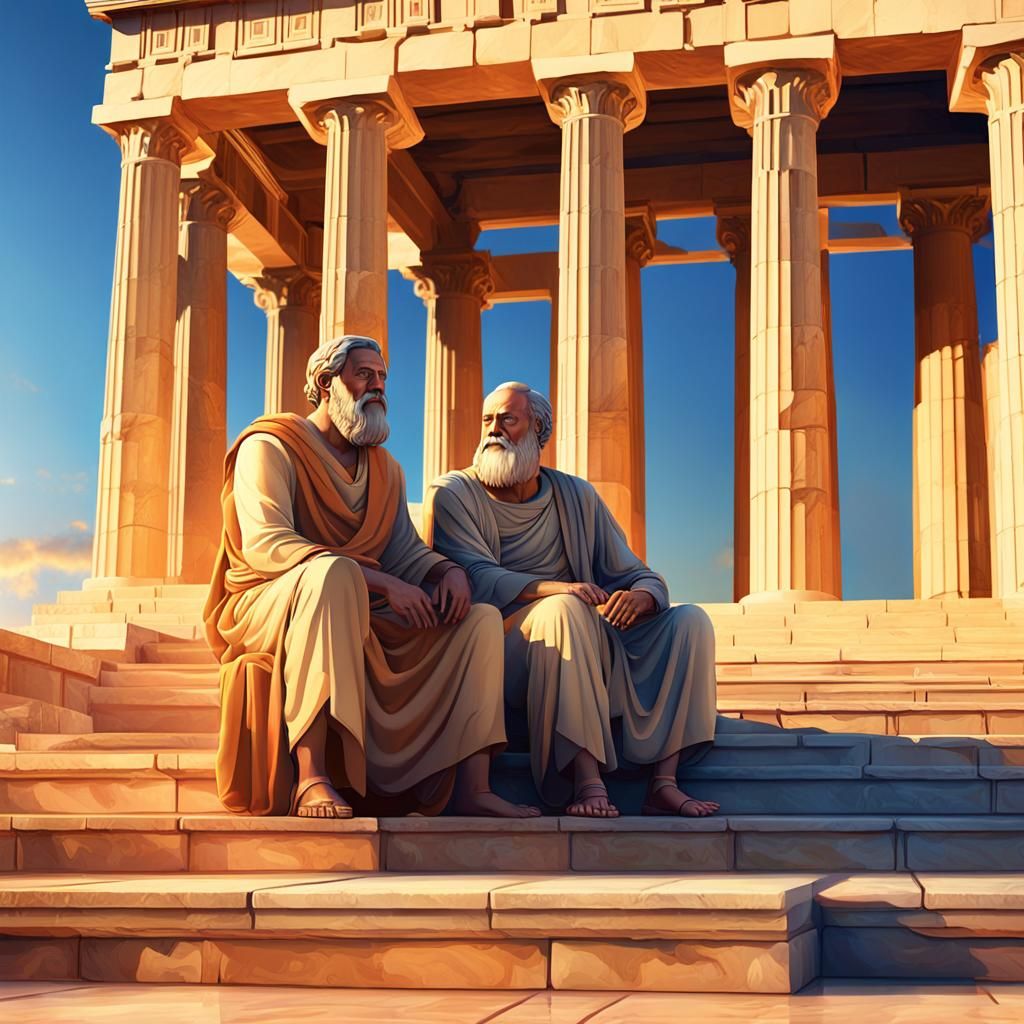 Aristotle is talking with Socrates sitting at Parthenon, Athens