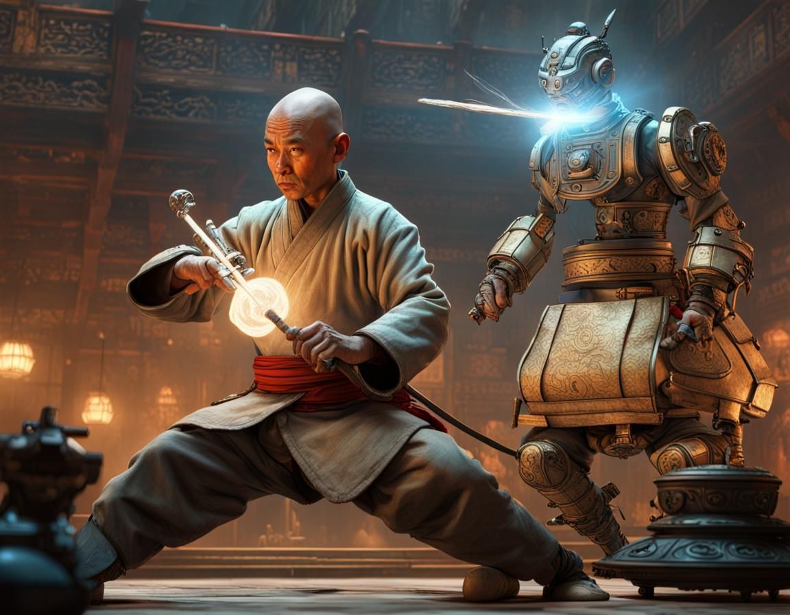 Shaolin monk fights remote operated robot - AI Generated Artwork ...