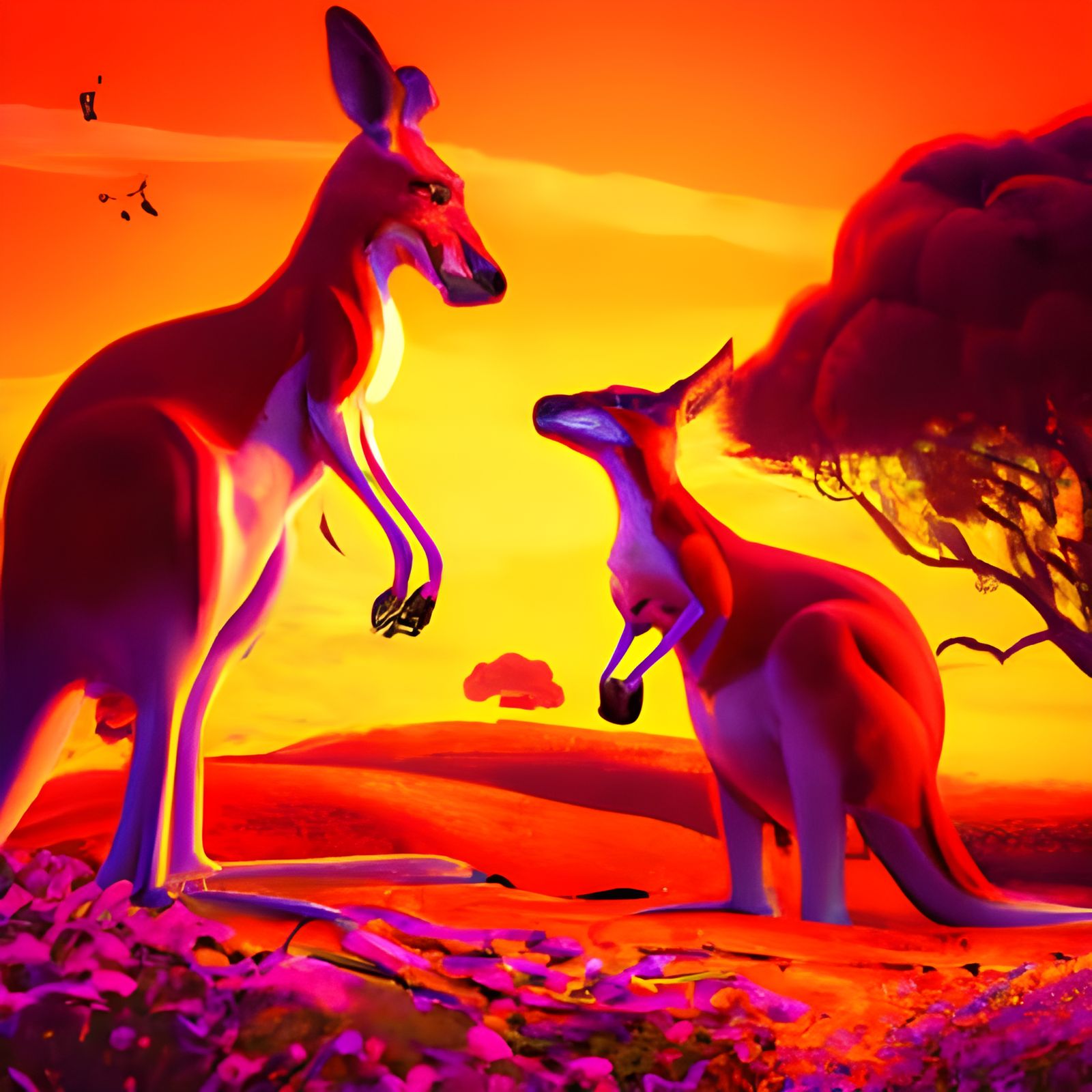 2 male red kangaroos standing up to each other on the red sands of the ...