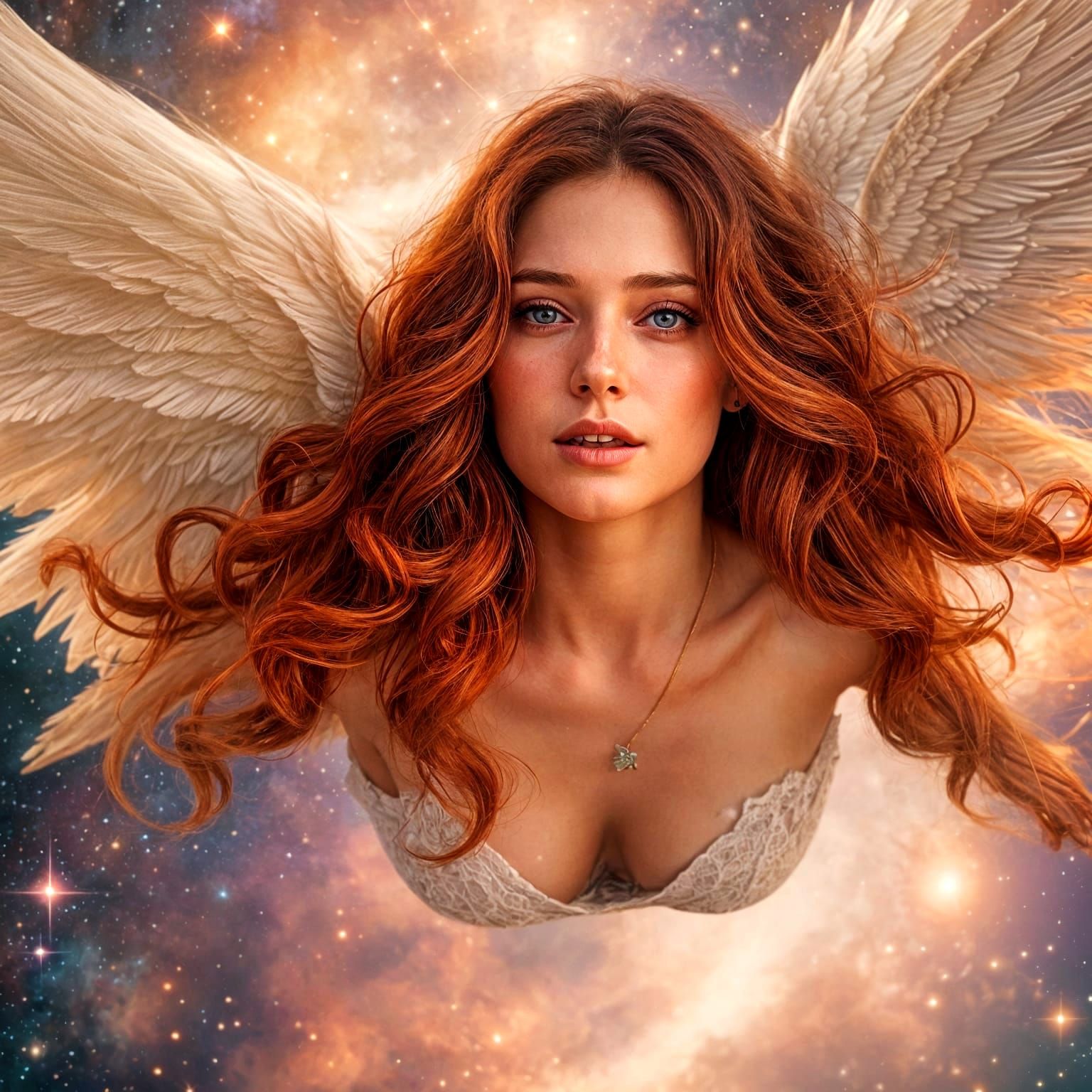 Ethereal Redhead Goddess Soars Among Nebulae - AI Art