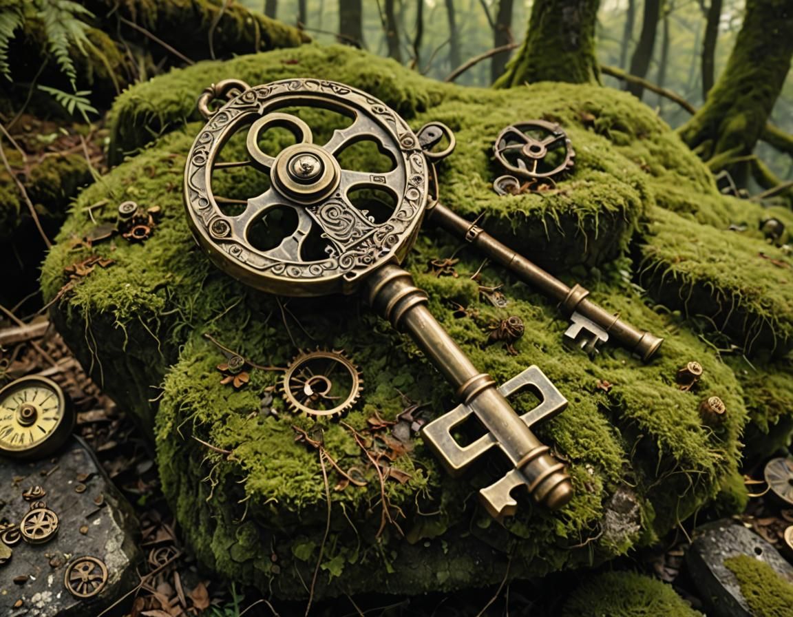 steampunk objects on moss - AI Generated Artwork - NightCafe Creator