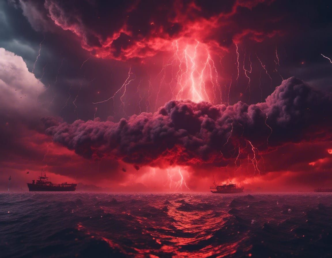 Upside-down storm, fantasycore, vibrant with red sea storm_clouds, violent, 3d shading, upside ...