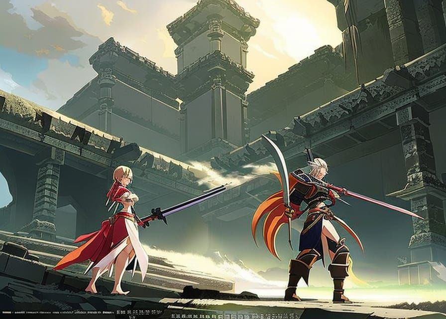 Old ruins, large Romanesque columns, two warriors battle by artist ...