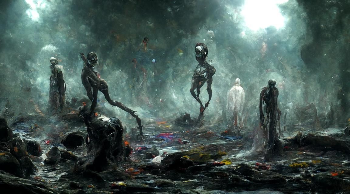 obscured Hordes of humanoid demons slowly emerging from oily dark tar ...