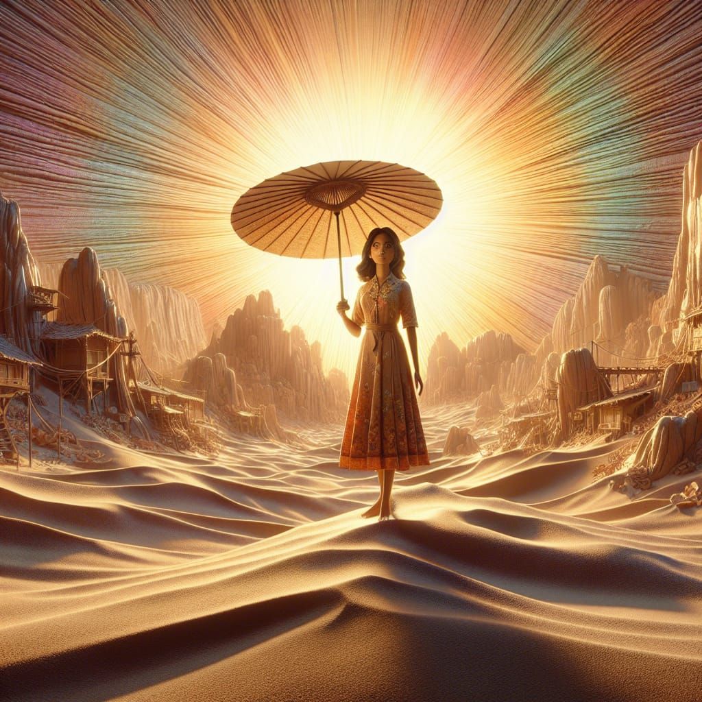 A beautiful 18 year old girl is standing with an umbrella in the middle of a deserted desert ...