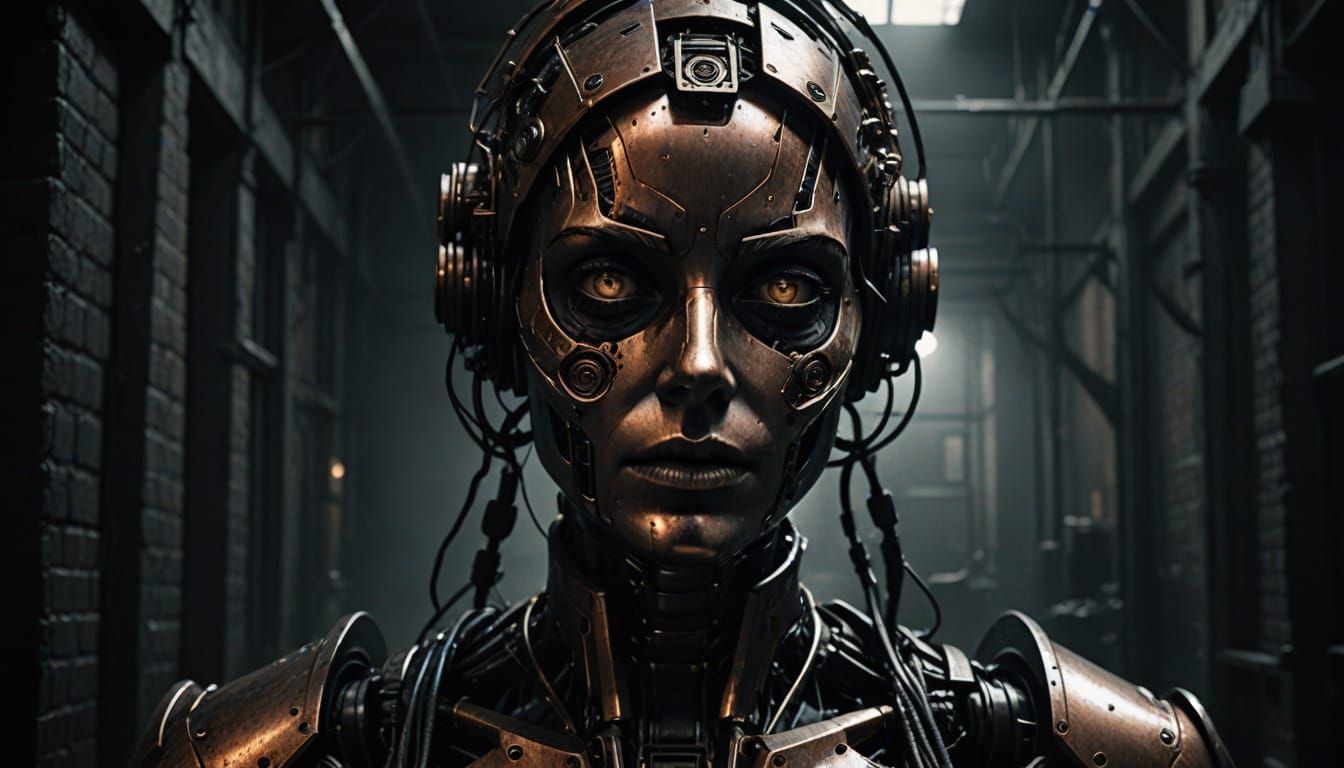 Dramatic Copper Engraving Style Robot Attacks Huma... - AI Art