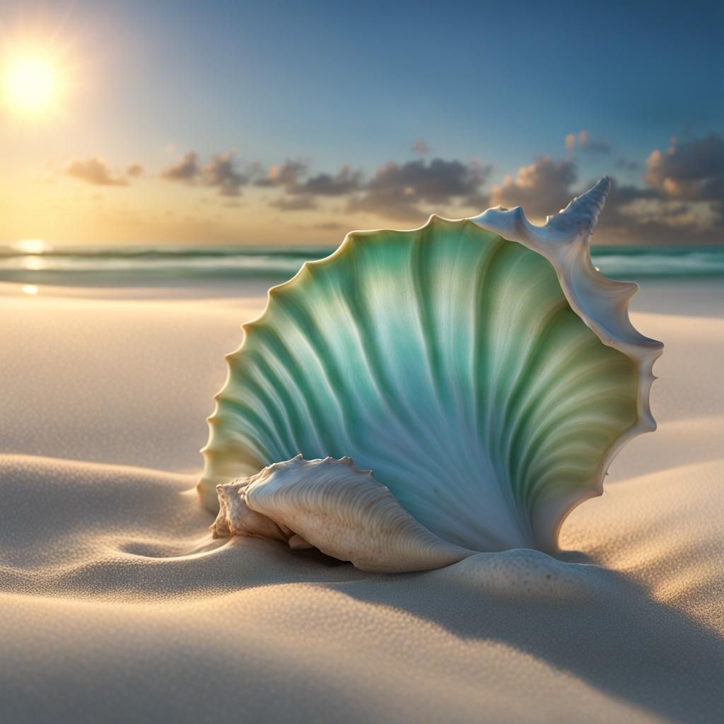 Stunning blue and green conch shell on a white sandy beach., surf ...
