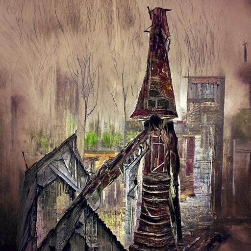 Photograph of Pyramid Head standing in the foggy abandoned courtyard of ...