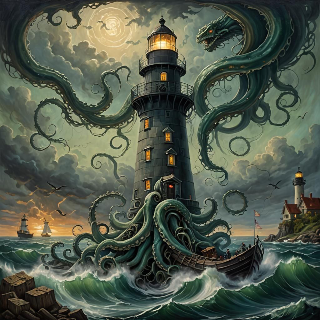 Huge Kraken wraped around a antique haunted lighthouse, oil painting ...