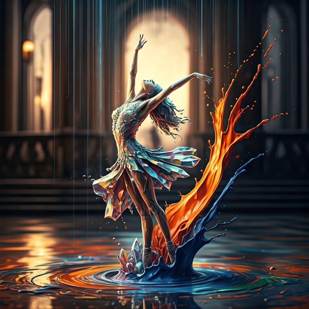 Splash art. Medium shot. A crystal dancer rises from pot of paint , in ...