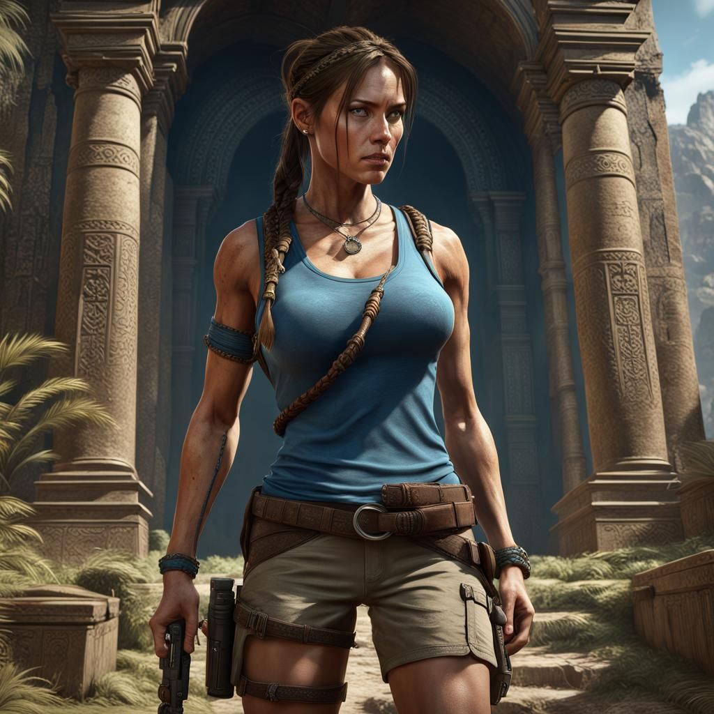 Lara Croft, khaki shorts, blue tank top, braided ponytail, dual pistols ...