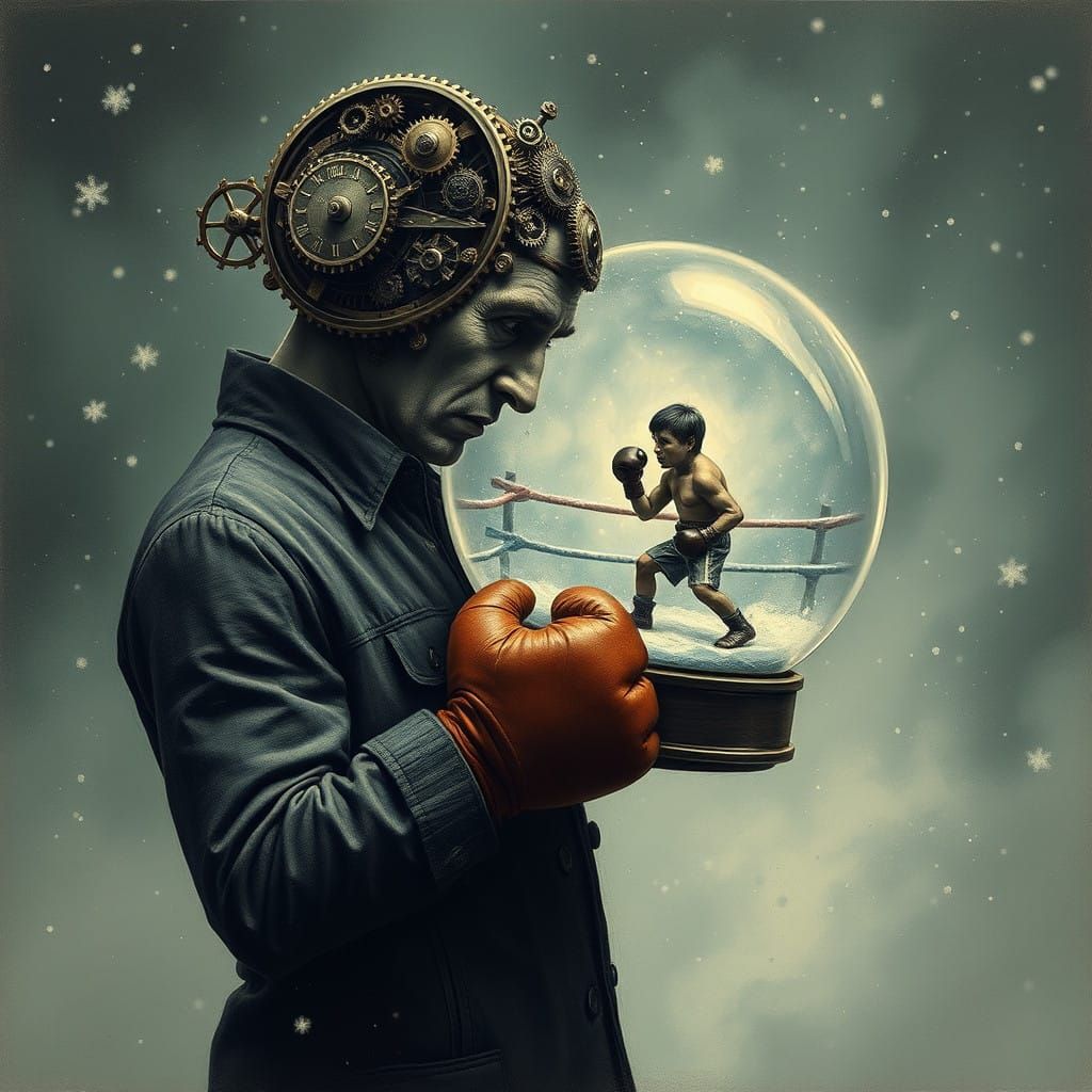 Clockwork Warrior Gazing into a Haunting Snowglobe... - AI Art