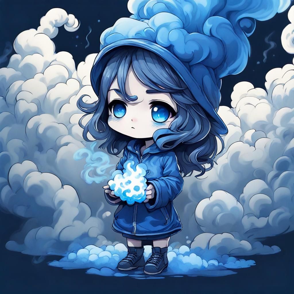 cute Chibi Smoking Marshmallow, In darkness, rising Blue smoke ...