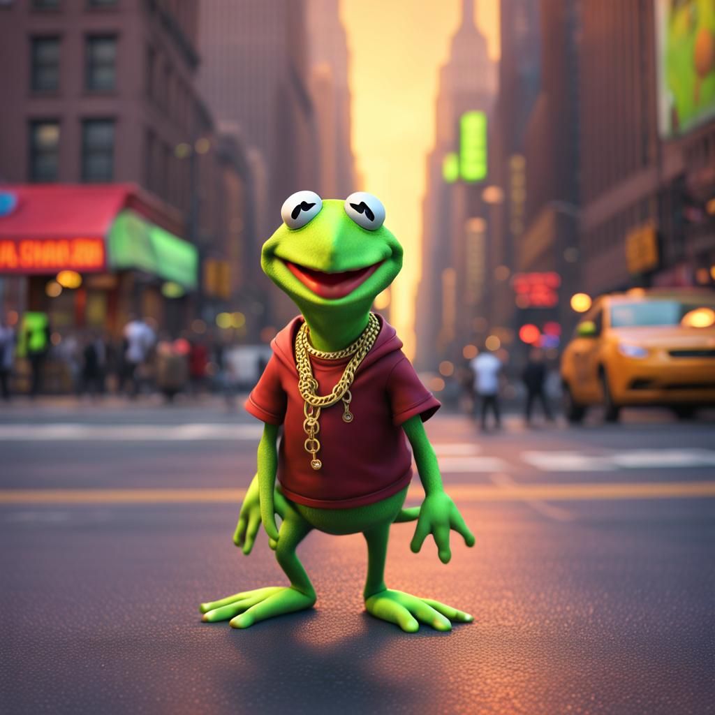 a hip hop kermit wearing a gold chain in NYC, wide shot, digital art ...