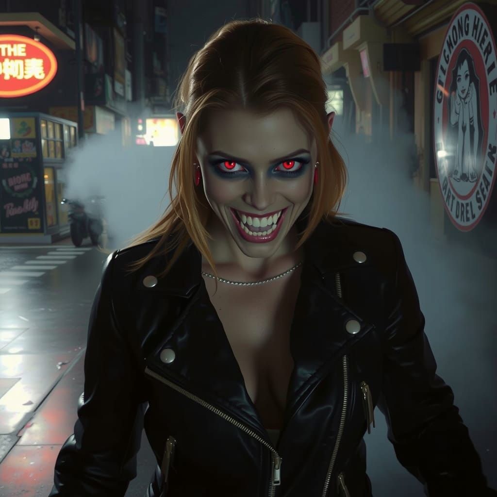 Gothic Vampire Goddess in Tokyo's Neon Shadows - AI Art
