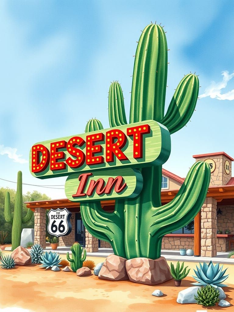 Vintage Desert Inn Sign in Retro Watercolor Style - AI Art