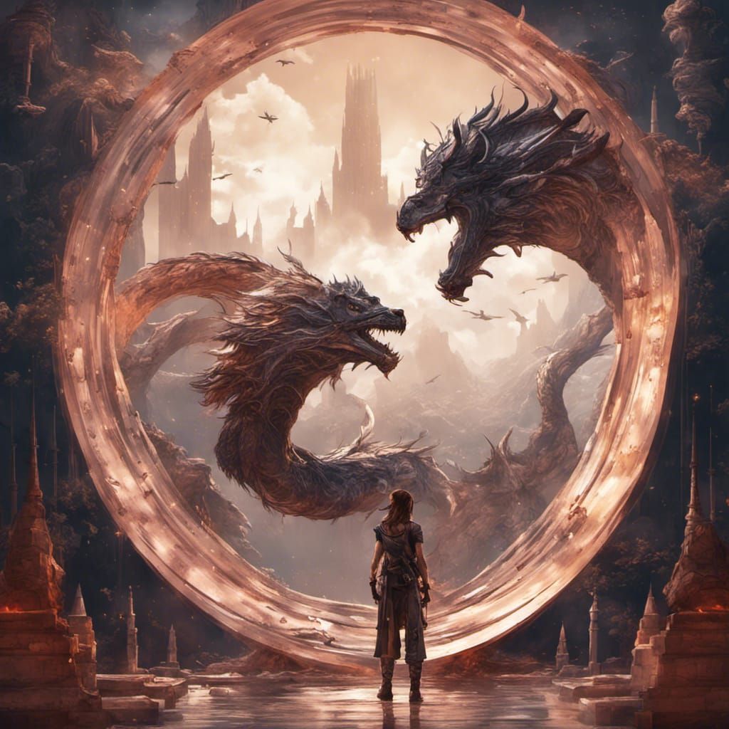 A sphere floating with the scales of libra inside it _ two dragons fly ...