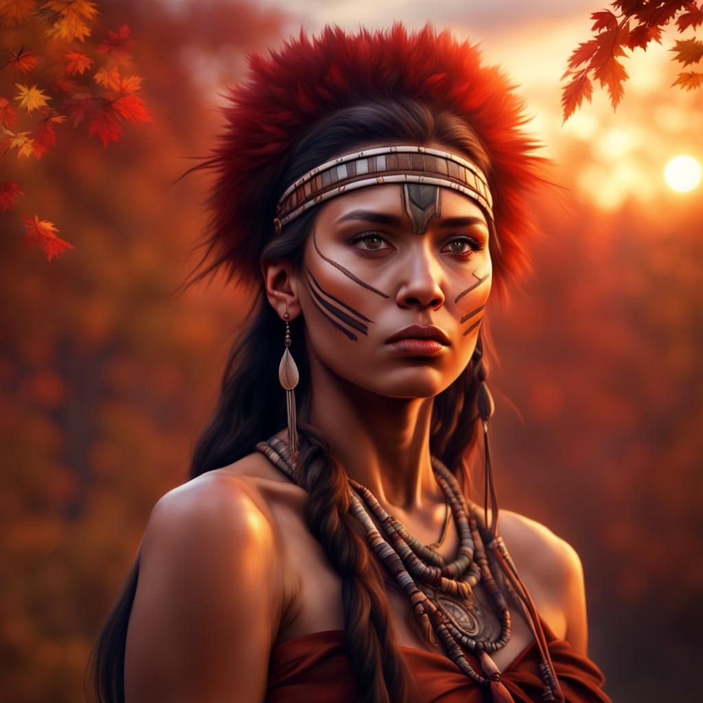 Beautiful young Seneca tribe woman, flirty, war paint, red dirt, autumn ...