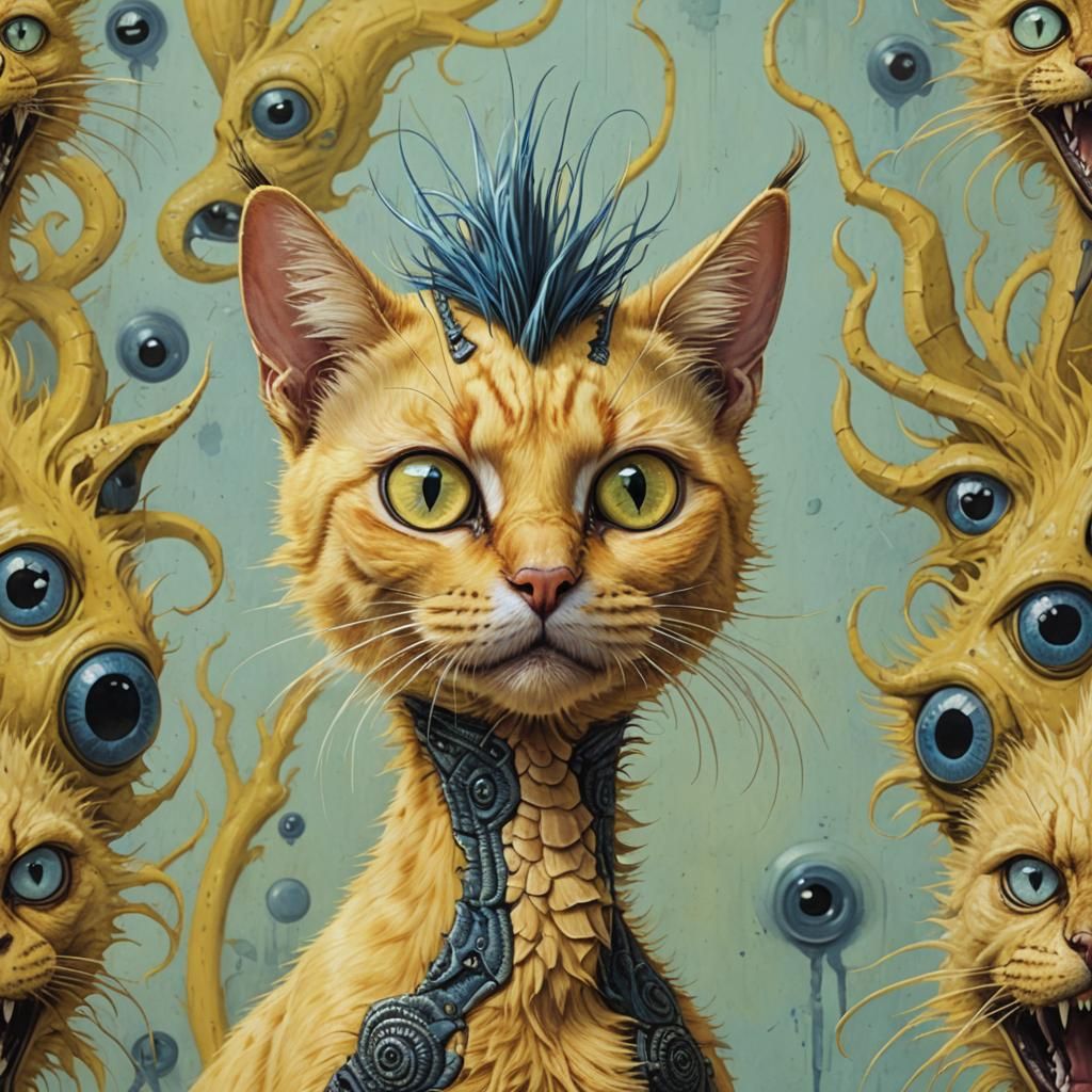 A yellow cat with a long blue beak and lizard eyes. Surreal background ...