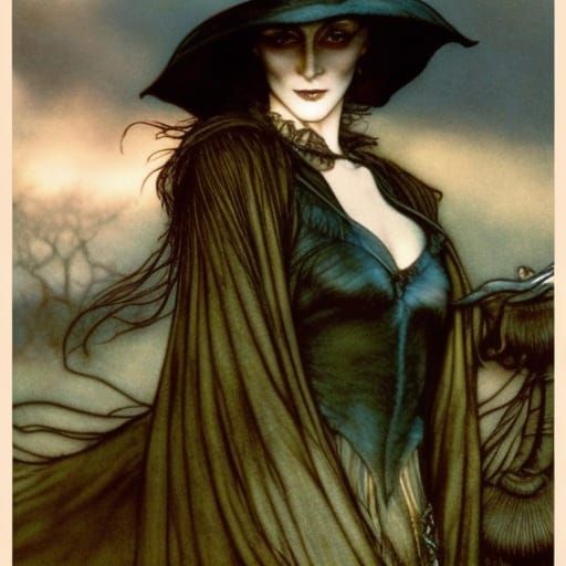 A witch by Arthur Rackham, young, short hair, beautiful, intricate ...