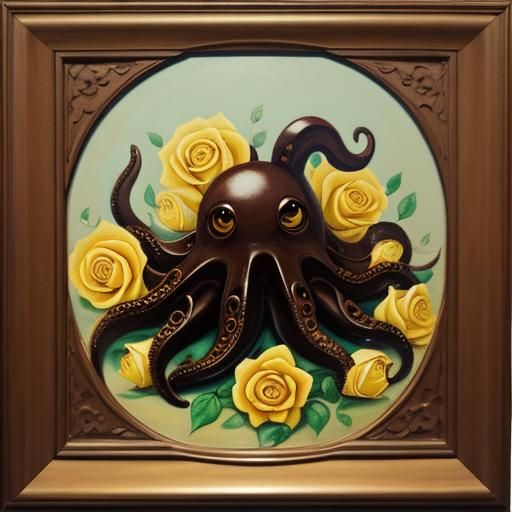 painting of a chocolate octopus with yellow roses - AI Generated ...